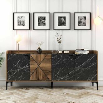 Dmora Kommode Erythros, Wohnzimmerbuffet, Wohnzimmer-Sideboard, Moderne K&uuml;chen-Speisekammer, 180x35 h79 cm, Walnuss und Schwarz