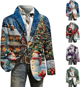 Generic Veste de costume de Noël en velours côtelé pour homme - Blazers drôles de Père Noël et bonhomme de neige à manches longues - Manteaux de Noël décontra