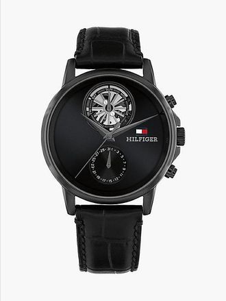 Tommy Hilfiger Montre squelette &agrave; sous-cadrans cuir noir