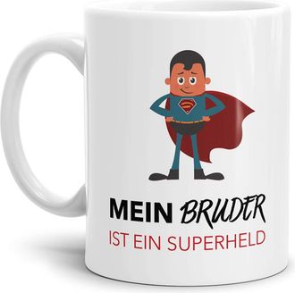 Tassendruck Spruch-Tasse Mein Bruder ist EIN Superheld Weiss - Mug/Cup/Kaffeetasse/Becher/Lustig/Witzig/Familie/Geschenk-Idee/Fun/Beste Qualität - 25 Jahre Erfahr