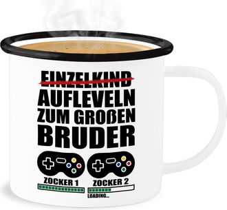 Shirtracer Emaille Becher Blechbecher - Großer - Tassen - Einzelkind aufleveln zum großen Bruder - 300 ml - Weiß Schwarz - tasse grosser big brother geschenk geb