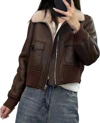 Generic Veste bomber en similicuir avec col Sherpa et manches longues et poches zipp&eacute;es pour femme, caf&eacute;, 3XL