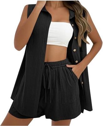 Generic 2026 Vestes pour femmes et filles Tenues deux pi&egrave;ces avec col &agrave; revers sans manches et short &agrave; jambes larges &agrave; ceinture, Noir, XXL