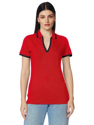 Nautica Damen Klassisches Poloshirt aus Stretch-Baumwolle mit V-Ausschnitt und Streifen Polohemd, Nautisches Rot, Klein