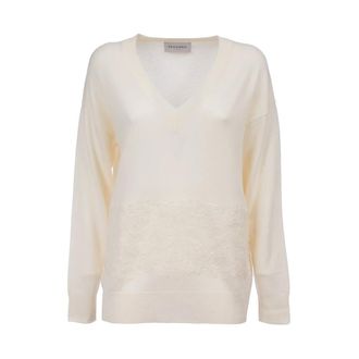Ermanno Scervino Femme, Pulls, Beige, Taille: 38 FR Pull en maille &agrave; col V et finitions dentelle