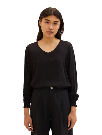 Tom Tailor Damen 1039827 Basic Bluse mit V-Ausschnitt & Rüschen, 14482-deep Black, L