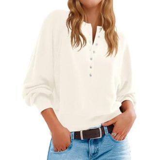 Generic Pull à col rond et boutons pour femme, chemises Henley à manches longues tendance en tricot ample, pull à manches lanternes, blanc, XXL