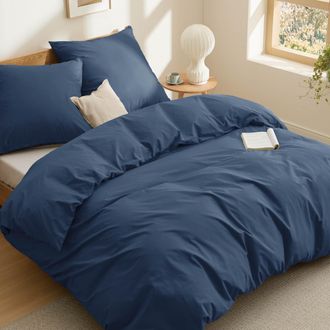Bedsure Bettwäsche 155x220 Baumwolle Blau - Bettwäsche-Sets 155 x 220 cm Bettbezug 3teilig mit 2 Kissenbezüge 80x80 cm, Oeko-TEX Bedding mit Reißverschluss