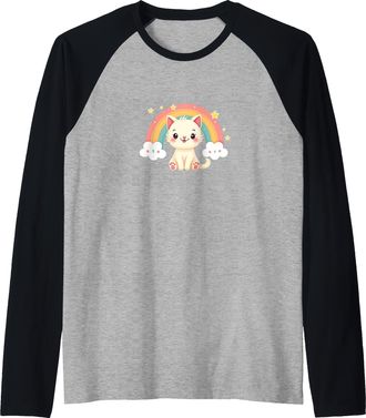Mapanoli Design S&uuml;&szlig;e Katze mit Regenbogen und Wolken - Bezaubernder Kawaii-Stil Raglan