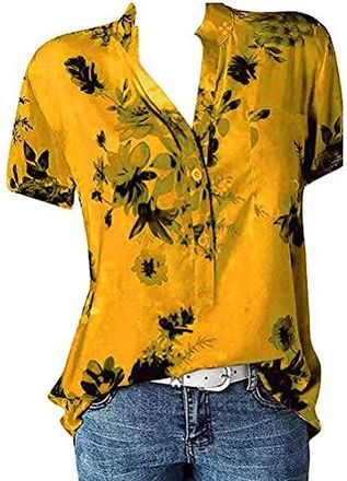 Minetom Chemisier Femme T Shirt Casual Col V Bouton Manches Courtes Imprimé Fleurs Tunique Blouse Top A Jaune L