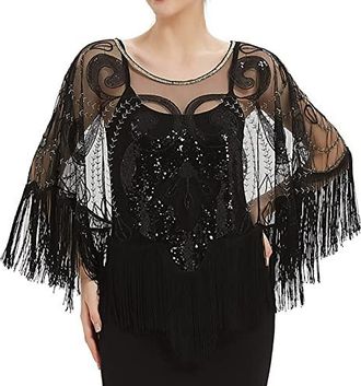 QWUVEDS Femmes à la mode maille paillettes gland robe châle élégant perlé smock cap Soie Rouge Tissu