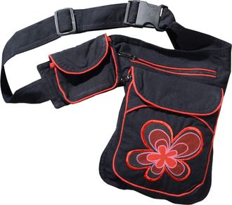 Kunst und Magie Goa Schulter Bauchtasche Gürteltasche Bauchgurt Hippie PSY Festival Blumenmotiv, Farbe:Schwarz/Rot