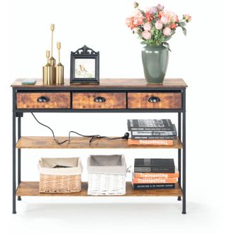Furniture R FurnitureR Table basse console avec ports USB, prises &eacute;lectriques, table dentr&eacute;e pour salon, couloir, meuble multim&eacute;dia avec 3 tiroirs et &eacute;tag&egrave;re de