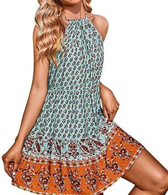 Generic Robe boh&egrave;me 2026 pour femme - Imprim&eacute; floral - Robe d&eacute;t&eacute; sans manches &agrave; bretelles - Mini plage, Vert, L