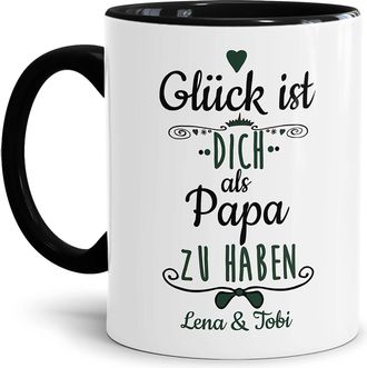 Tassendruck Tasse mit Spruch - Glück ist, Dich als Papa zu haben - Personalisierbare Keramiktasse mit Namen - Geschenkidee für den Papa - Innen & Henkel Schwarz, 