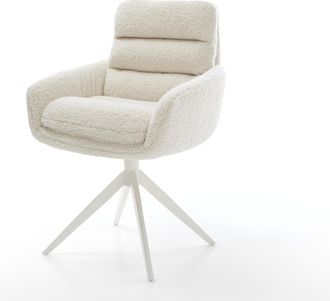 DELIFE Drehstuhl Abelia-Flex mit Armlehnen Teddystoff Beige Kreuzgestell breit Wei&szlig; 360&deg; drehbar Wippfunktion, Esszimmerst&uuml;hle