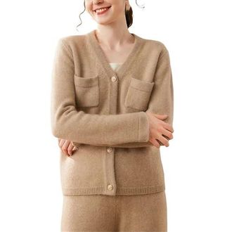 Generic Cardigan ouvert en cachemire doux pour femme - Col en V - Tricot - Printemps - Manches longues - Col en V - Boutonn&eacute;, Coco Palm Camel, XS