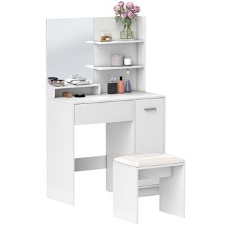 HOMCOM Ensemble Coiffeuse Table de Maquillage avec Miroir et Tabouret, tiroir, Armoire de Rangement et étagère réglable pour la Chambre à Coucher, 80l x 40P 