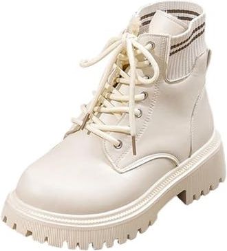 Generic Bottines pour femme avec col tricot&eacute; - Style d&eacute;contract&eacute; - Bout rond - Talon bas et &eacute;pais - Confortables - Noir et blanc, blanc, 37.5 EU