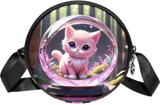 Generic Sac &agrave; bandouli&egrave;re rond rond pour femme, motif chat et boule de cristal avec fermeture &eacute;clair et bretelles r&eacute;glables