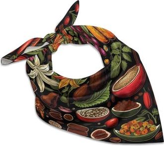 Generic Écharpe carrée en soie légère avec feuilles de cacao et fleurs pour cheveux, foulard respirant, cadeau pour homme et femme, multicolore, 46x46cm
