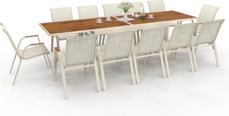 IDMarket Salon de jardin NOUMEA table extensible 135/270 CM plateau verre tremp&eacute; effet bois et 12 chaises empilables beige et bois