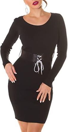 Koucla Mini robe d&eacute;contract&eacute;e en maille c&ocirc;tel&eacute;e &agrave; manches longues avec ceinture, Noir, taille unique
