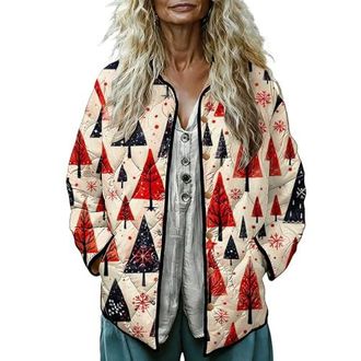 Generic Veste matelassée rétro avec imprimé sapin de Noël pour femme, manteau de vacances fantaisie avec motif graphique festif, manches longues, col montant 