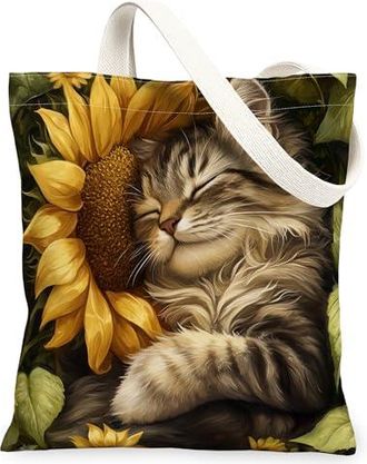 Generic Spring Maine Coons Sac fourre-tout en toile r&eacute;utilisable avec motif chat 33 x 38 cm, motif tournesol, feuille de tournesol, chaton, pour femme, motif 