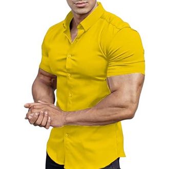 Generic Chemise habill&eacute;e coupe ajust&eacute;e pour homme, chemise daffaires &agrave; manches courtes, couleur unie, chemises formelles grande taille, hauts boutonn&eacute;s, haut 