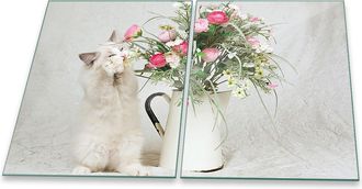 Decorwelt Herdabdeckplatte Abdeckung Ceranfeld Abdeckplatte Schneidebrett 2-Teilig 80x52 Katze Grau Spritzschutz Glasplatte Ceranfeldabdeckung Schutz Herdschutz