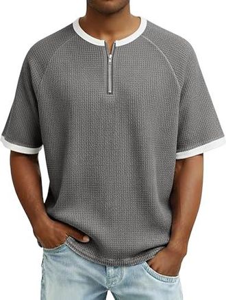 Generic T-shirt gaufr&eacute; pour homme avec demi-fermeture &eacute;clair et col en V &agrave; manches courtes, pull tendance d&eacute;contract&eacute;, chemise ample et confortable, respirant