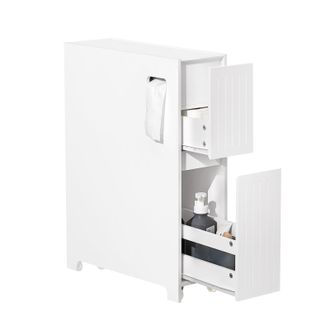 SoBuy Nischenregal 20cm - schmaler Badezimmerschrank mit Rollen Nischenwagen Rollwagen mit Schublade f&uuml;r Toilettenpapier-Aufbewahrung, Badm&ouml;bel aus Holz, We