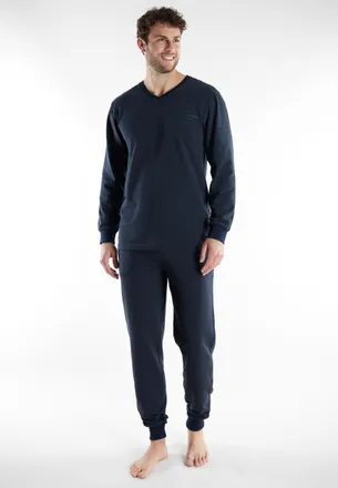Tom Tailor Schlafanzug TOM TAILOR Milos, Herren, Gr. 58 (XXXL), blau (blau, dunkel, uni), Obermaterial: 100% Baumwolle, unifarben, normal, V-Ausschnitt, Rippb&uuml;nd