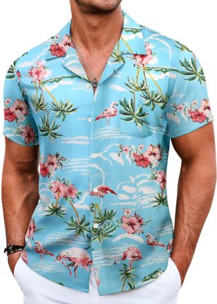 Coofandy Herren Hawaiihemd Kurzarm B&uuml;gelfrei Blumenmuster Sommerhemd Urlaubshmd Strandhemd Herren Hawaii Hemd M&auml;nner Blau Flamingo XXL