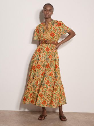 Apricot Stain Glass Floral Tiered Midaxi Dress