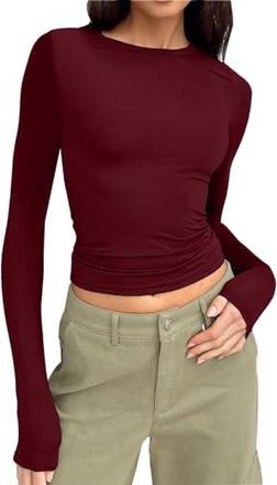 Generic T-shirt à manches longues pour femme, basique, pull pour femme, col rond, t-shirt à manches longues, coupe ajustée, couleur unie, crop tops, mode sexy