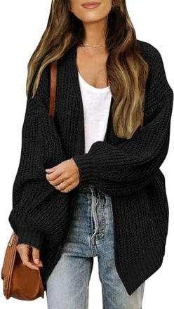 Generic Cardigan dhiver en tricot &agrave; manches lanternes pour femme - Couleur unie - Avec poche, noir, Taille XL