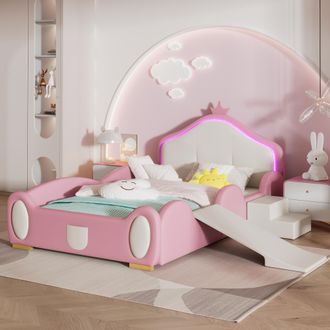 Merax Polsterbett Kinderbett Crown Cartoon Bett mit LED-Beleuchtung, Rutsche,Treppe und weichen Kanten - Polsterbett f&uuml;r Kinder aus PU in Rosa und Beige (90