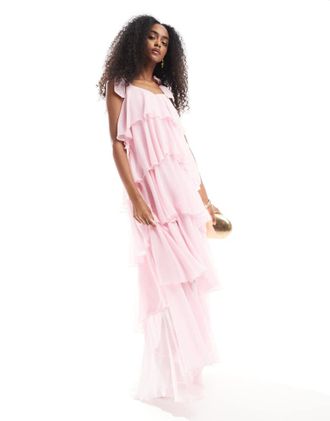 Vero Moda Gestuftes Maxikleid in Rosa mit Bindedetail an der Schulter