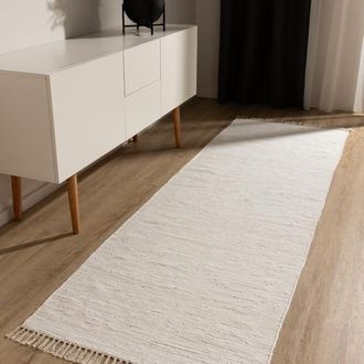 benuta Basic Tapis Coton Tom - Cr&egrave;me 80x300 cm - Tiss&eacute; &agrave; Main - 100% recycl&eacute; - Compatible avec Chauffage au Sol - pour Salon, Chambre, Couloir, Salle &agrave; Mange