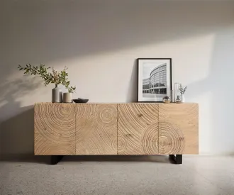 DELIFE Sideboard Ashara 200 cm Eiche Natur 3D Effekt 4 T&uuml;ren Kufe Metall Schwarz, Sideboards