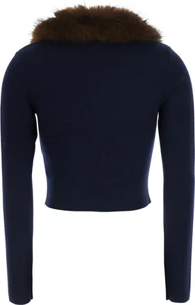 Self Portrait Synthetic Fur Trim Cardigan - Navy