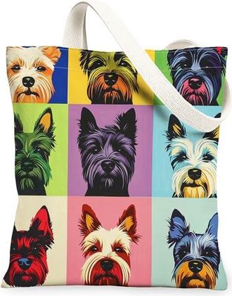 Generic Pop Art Sac fourre-tout en toile motif terrier &eacute;cossais 33 x 38 cm, motif chiot abstrait amusant et amusant pour femme, peinture esth&eacute;tique pour anima
