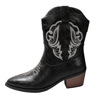 Generic Bottes de cowboy courtes occidentales pour femmes, bottes d&eacute;quitation brod&eacute;es cousues &agrave; talon bloc bout pointu bottine large mollet &agrave; enfiler bottes d