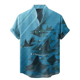 Generic Chemise boutonn&eacute;e amusante &agrave; manches courtes pour homme - Chemise de plage imprim&eacute;e 3D - Chemise d&eacute;contract&eacute;e - Col montant - Haut d&eacute;t&eacute; vintage - Haut