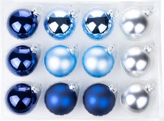 Thüringer Glasdesign Weihnachtskugeln 12 STK 6cm | Christbaumkugeln aus Glas | Made in Germany (Blue Shadow | hellblau dunkelblau)