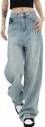 Onsoyours Jeans Vintage Femmes Hip Hop Y2K Baggy Pantalon Droit en Denim Délavé Décontracté Harajuku Streetwear A1 Bleu Foncé L