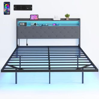 HOMCOM Cadre de lit double - HOMCOM - 160 x 200 cm - lumi&egrave;res LED RGB et station de charge, musique sync - sommier acier - gris