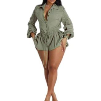 Generic Combinaison dété pour femme, manches longues, col en V, cordon de serrage, combinaison décontractée plissée avec cordon de serrage, gris, XXL